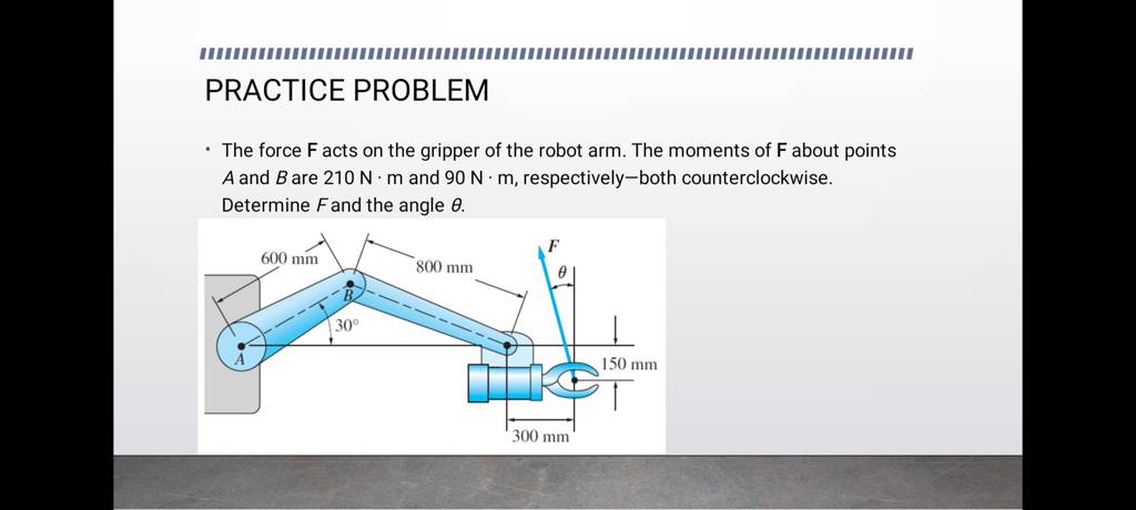 PRACTICE PROBLEM - The force F acts on the gripper of the robot arm. The