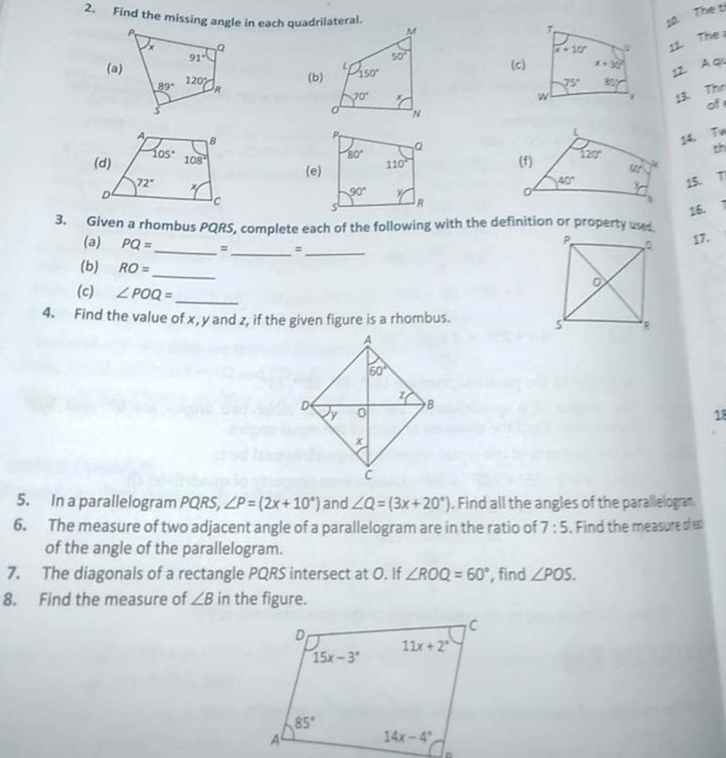 2. Find the missing angle in each quadrilateral. (a) 3. Given a rhombus P..
