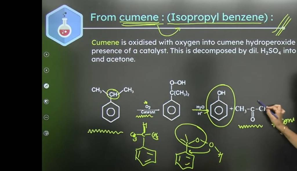 From cumene: (Isopropyl benzene): Cumene is oxidised with oxygen into cum..