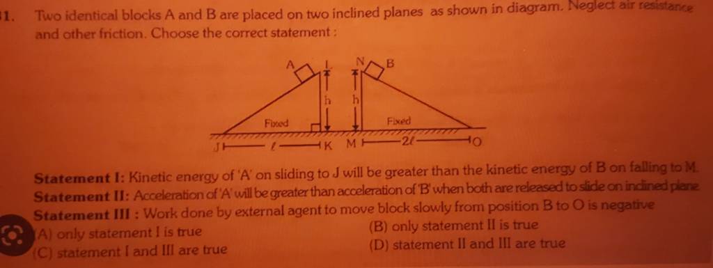 Two identical blocks A and B are placed on two inclined planes as shown i..