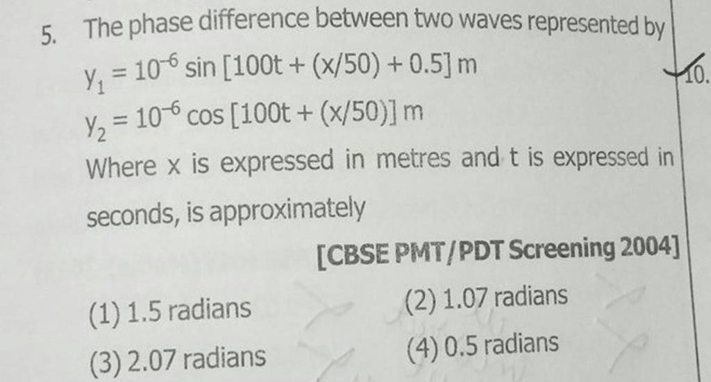 The phase difference between two waves represented by \[ \begin{array}{l}.. The phase difference between two waves represented by \[ \begin{array}{l}..