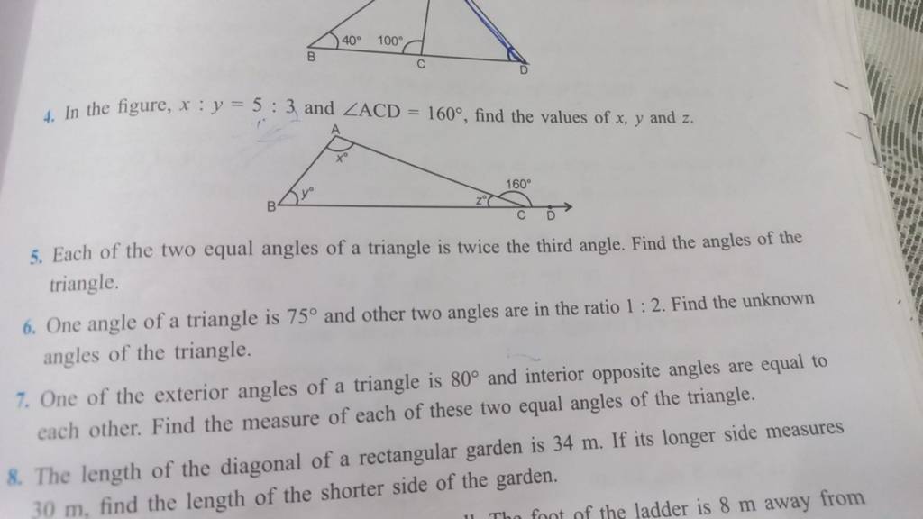 4. In the figure, x:y=5:3 and ∠ACD=160∘, find the values of x,y and z. 5...