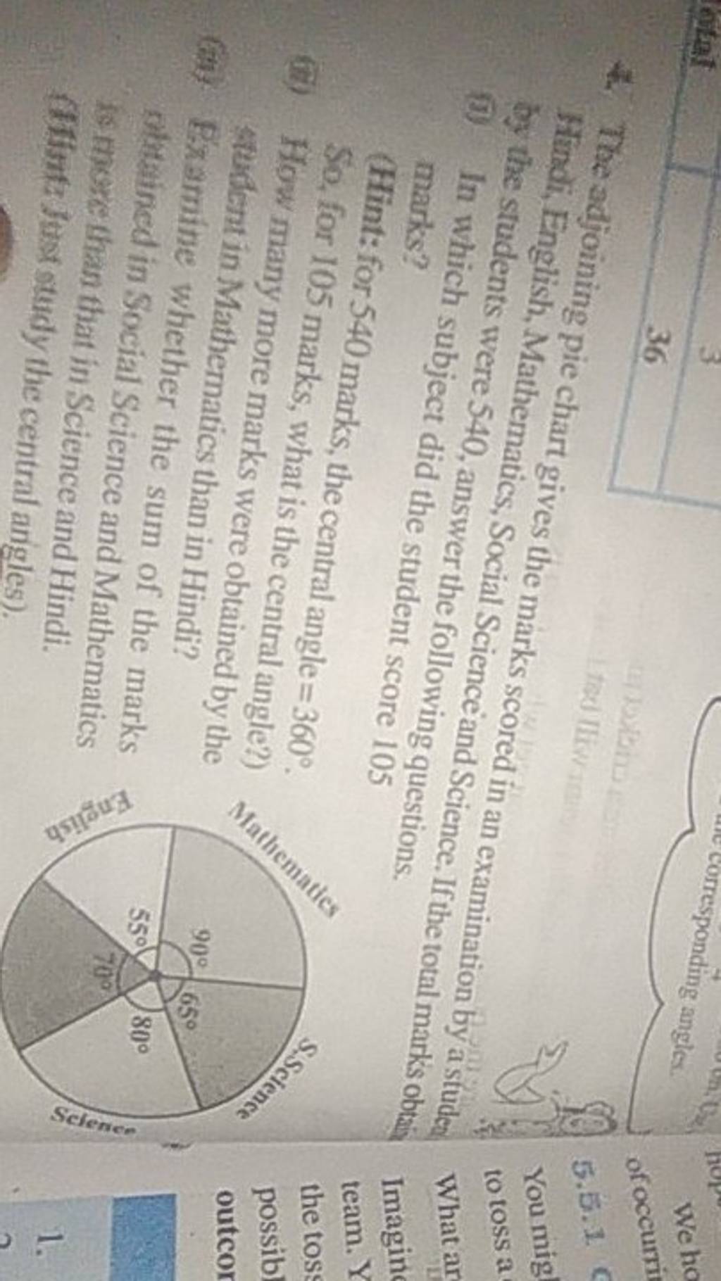 The adjoining pie chart gives the marks scored in an exam Blindi, English.. The adjoining pie chart gives the marks scored in an exam Blindi, English..