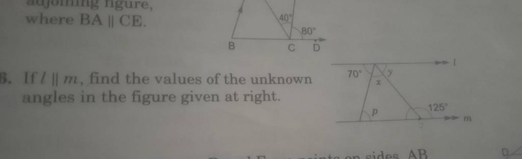 3. If l∥m, find the values of the unknown angles in the figure given at r..
