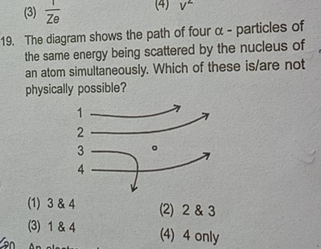 The diagram shows the path of four α-particles of the same energy being s..