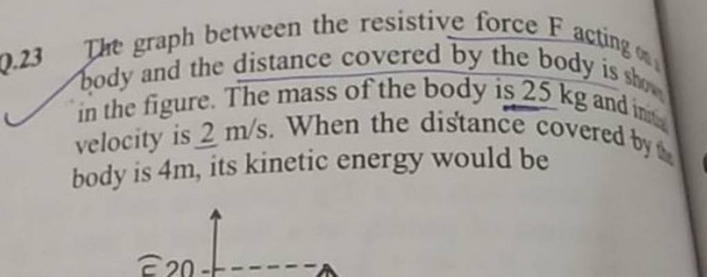 The graph between the resistive force F acting body and the distance cove..