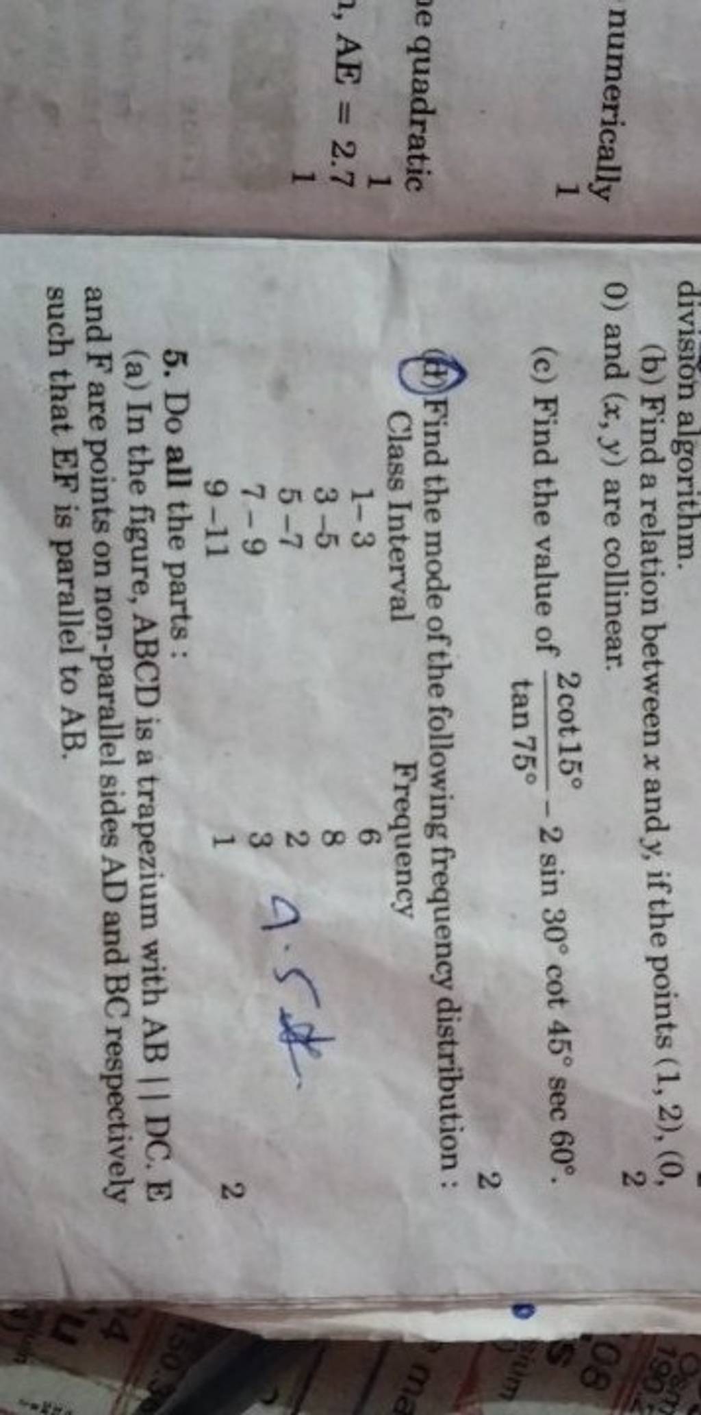 División Algorithm B Find A Relation Between X And Y If The Points 1 