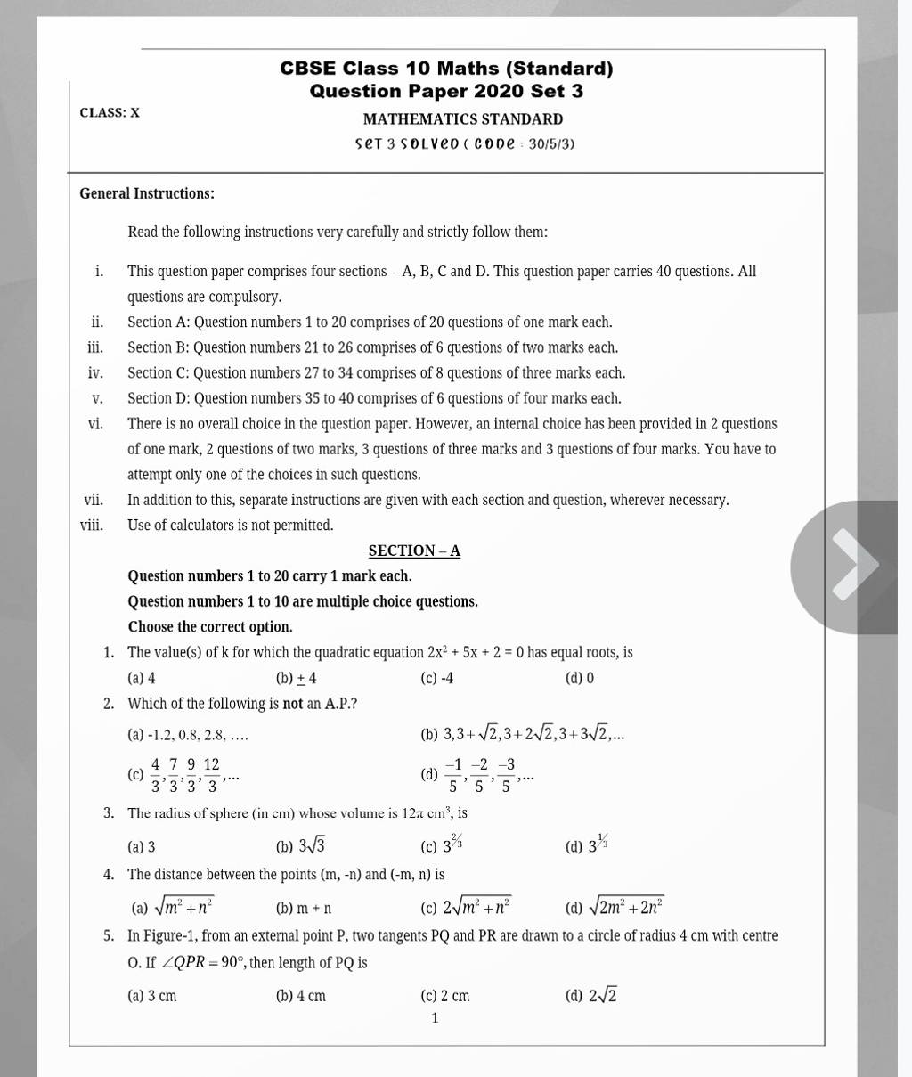 CBSE Class 10 Maths Standard Question Paper 2020 Set 3 CLASS X MATHEMA CBSE Class 10 Maths Standard Question Paper 2020 Set 3 CLASS X MATHEMA