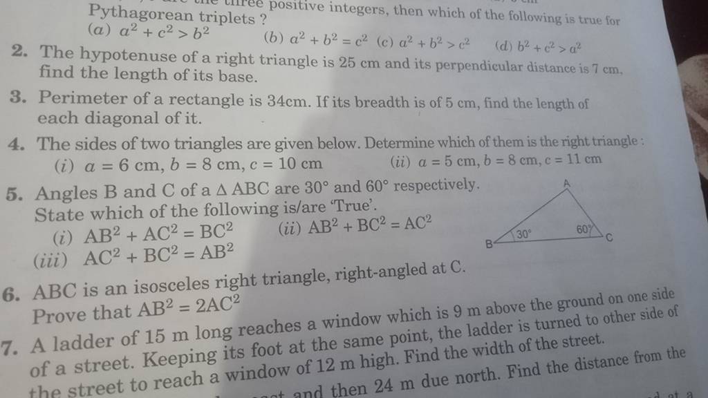 Pythagorean triplets? (a) a2+c2>b2 (b) a2+b2=c2 (c) a2+b2>c2 (d) b2+c2>a2..