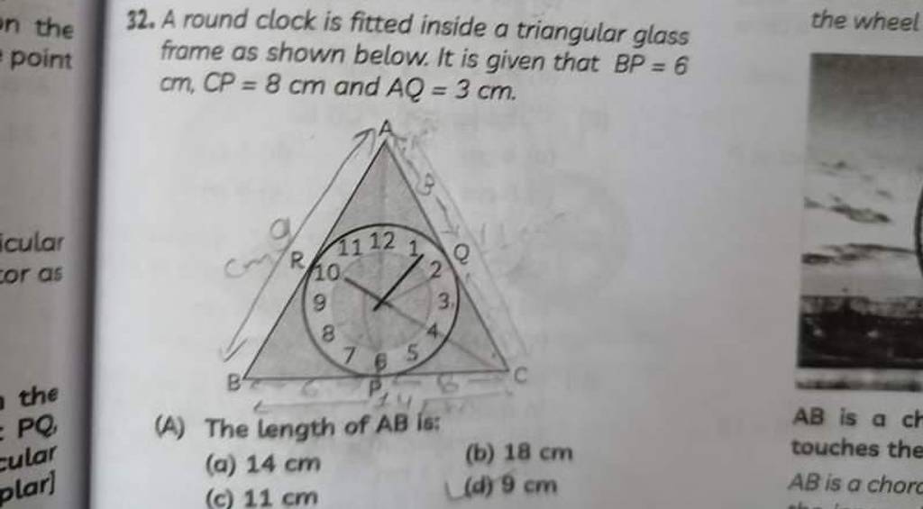 A round clock is fitted inside a triangular glass frame as shown below. I..