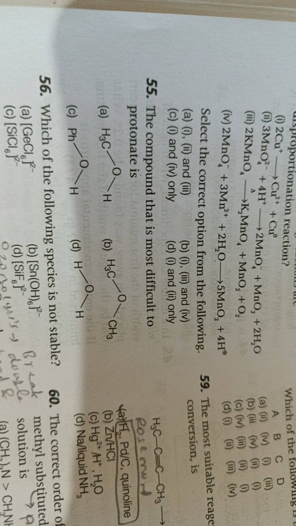 2Cu+ Cu2++Cu0 (ii) 3MnO42− +4H+ 2MnO4− +MnO2 +2H2 O (iii) 2KMnO4 Δ K2 M..