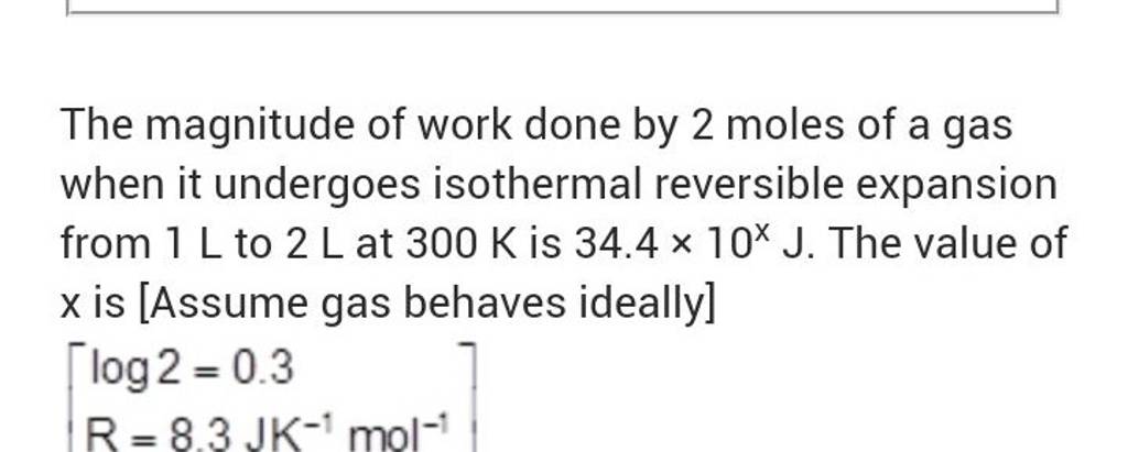 The magnitude of work done by 2 moles of a gas when it undergoes isotherm..