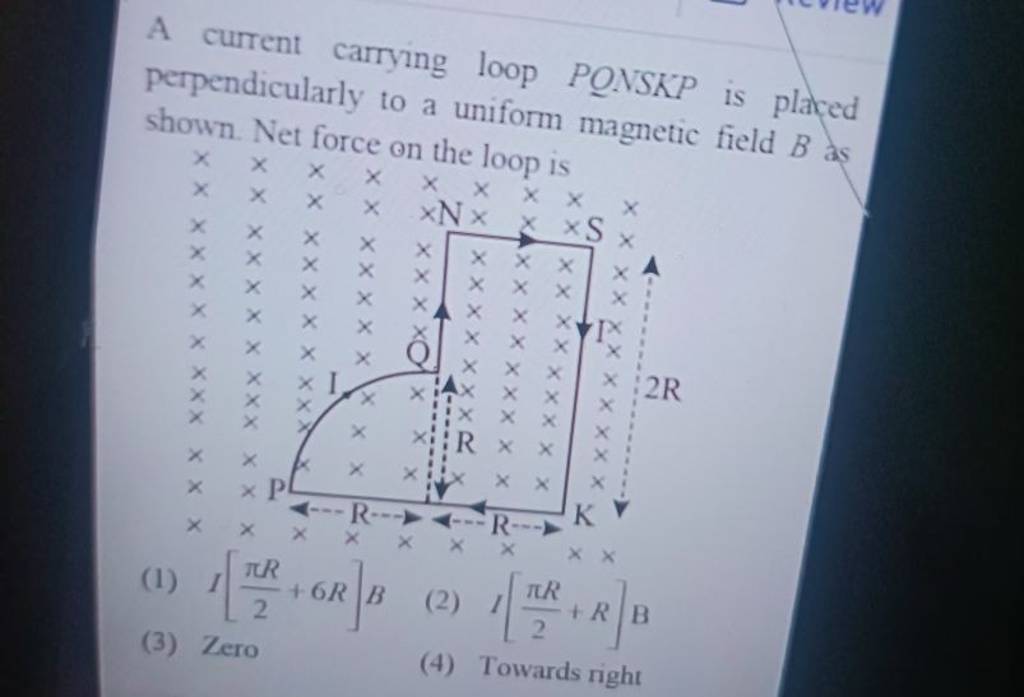 A current carrying loop PQNSKP is placed perpendicularly to a uniform mag..
