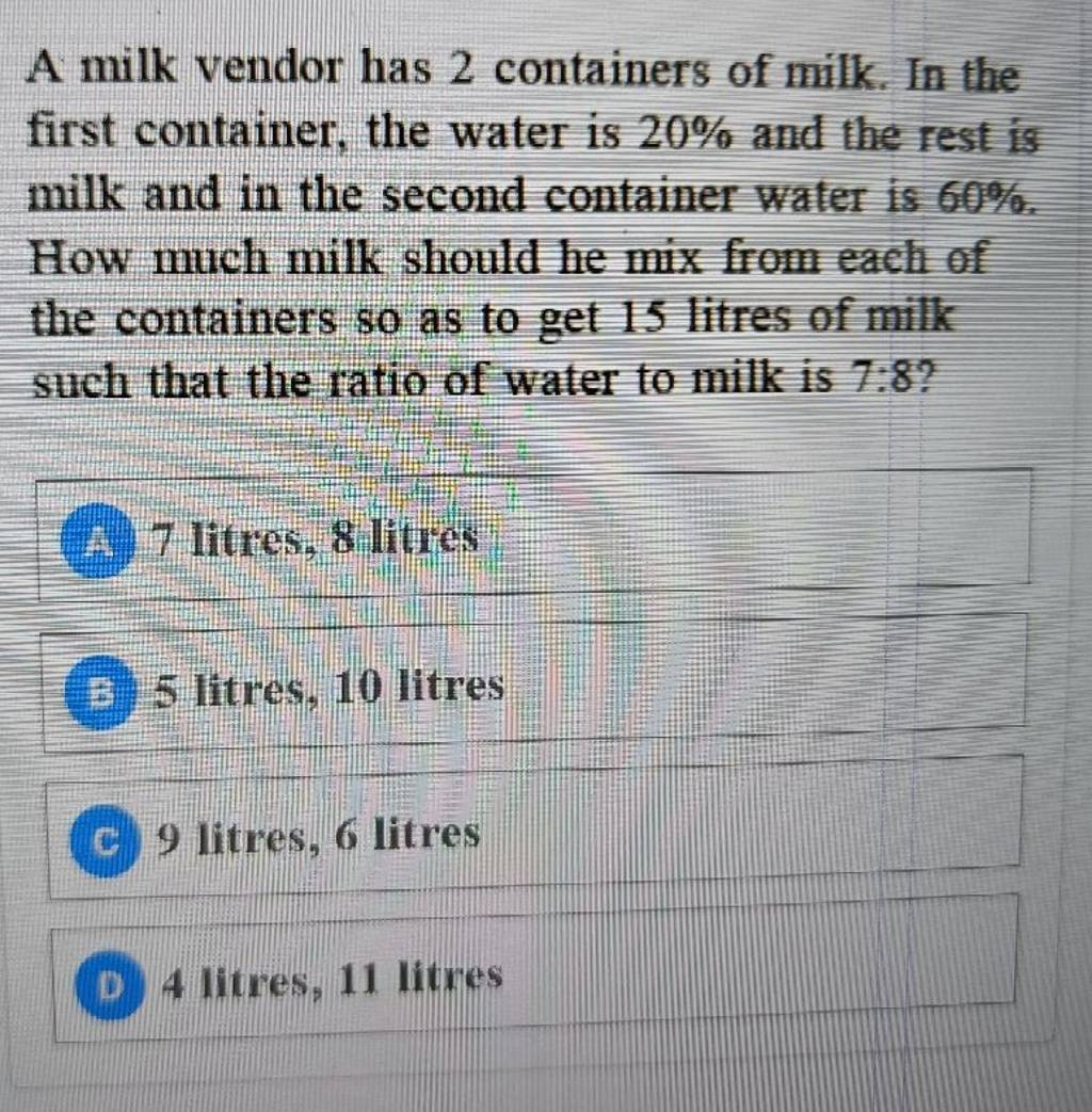 A milk vendor has 2 containers of milk. In the first container, the water..