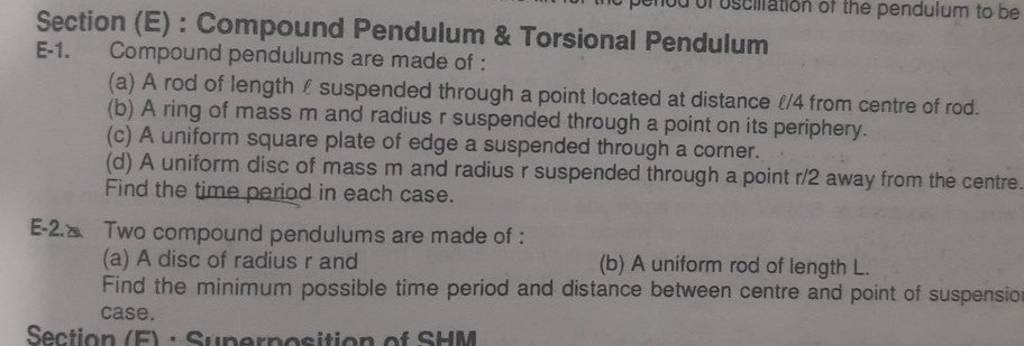 Section (E) : Compound Pendulum \& Torsional Pendulum E-1. Compound pendu..