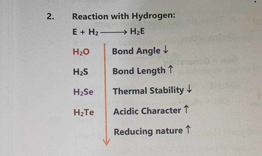 2. Reaction with Hydrogen: E+H2 H2 EH2 O Bond Angle ↓H2 S Bond Length ↑..