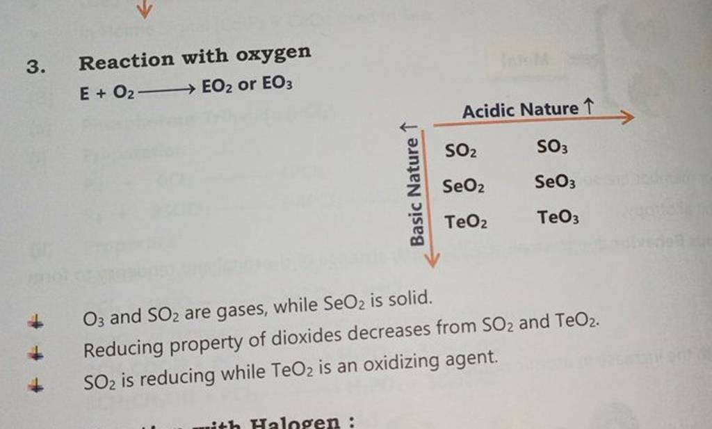 3. Reaction with oxygen E+O2 EO2 or EO3 O3 and SO2 are gases, while