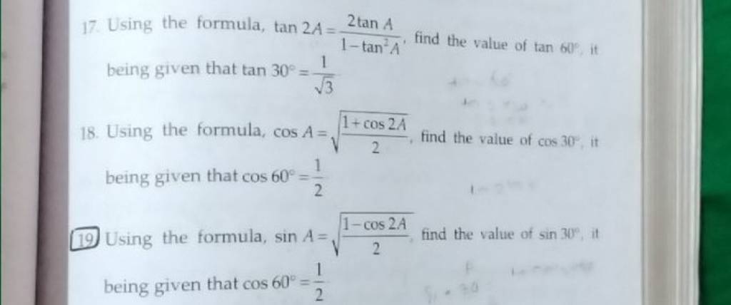 17. Using the formula, tan2A=1−tan2A2tanA , find the value of tan60∘, it