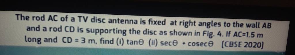 The rod AC of a TV disc antenna is fixed at right angles to the wall AB a..