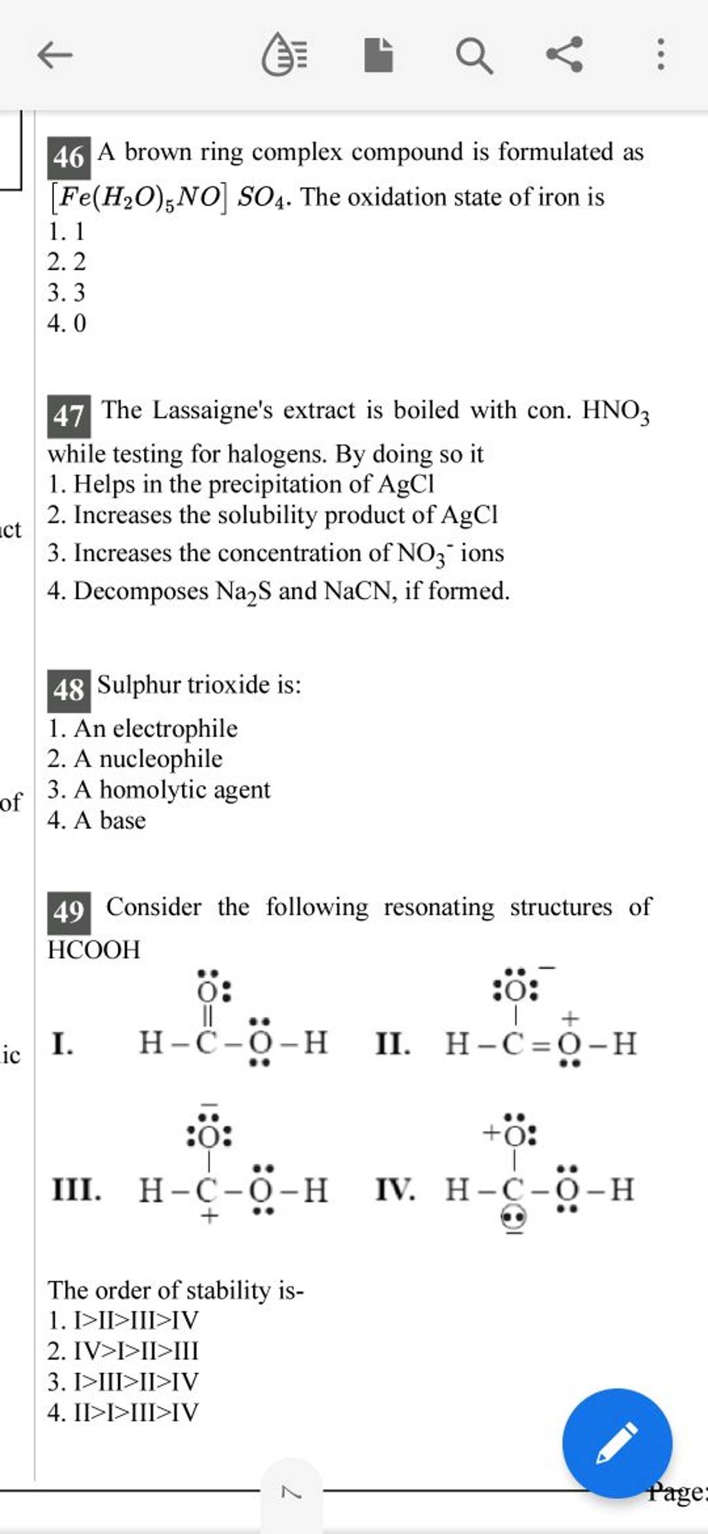 49 Consider the following resonating structures of HCOOH I. II. III. IV. 49 Consider the following resonating structures of HCOOH I. II. III. IV.