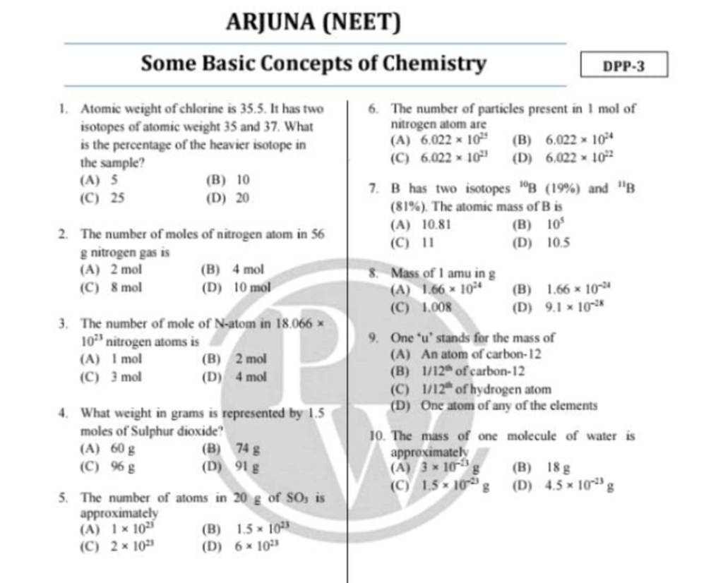 Arjuna Neet Some Basic Concepts Of Chemistry Dpp 3 1 Atomic Weight Of