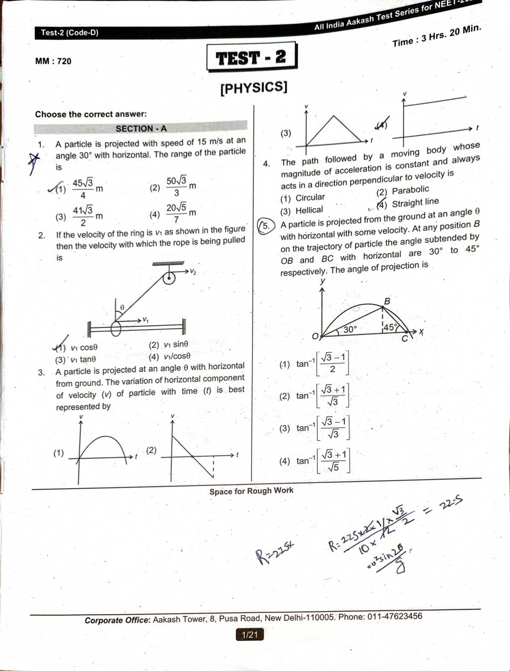 A Particle Is Projected At An Angle θ With Horizontal From Ground The Va