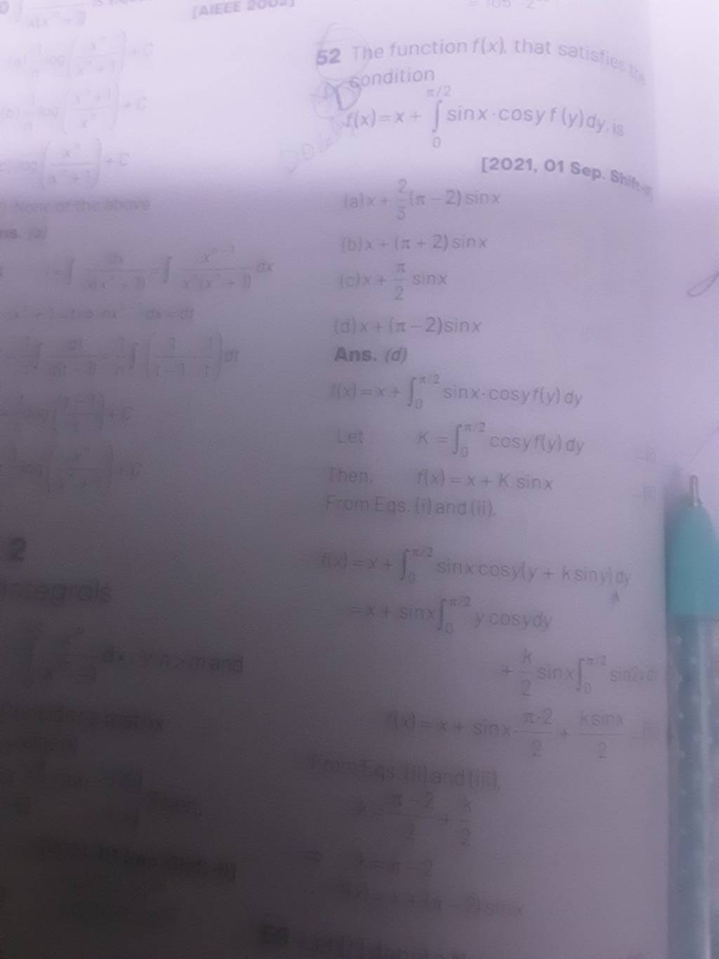 \text { Thondition } \\ f(x)=x+\int_{0}^{\pi / 2} \sin x \cdot \cos y f(y..