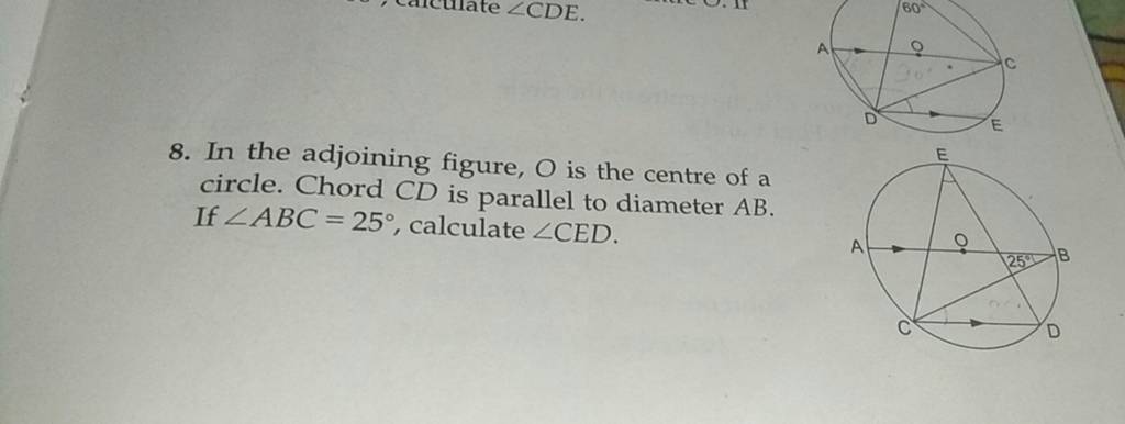 8. In the adjoining figure, O is the centre of a circle. Chord CD is para..