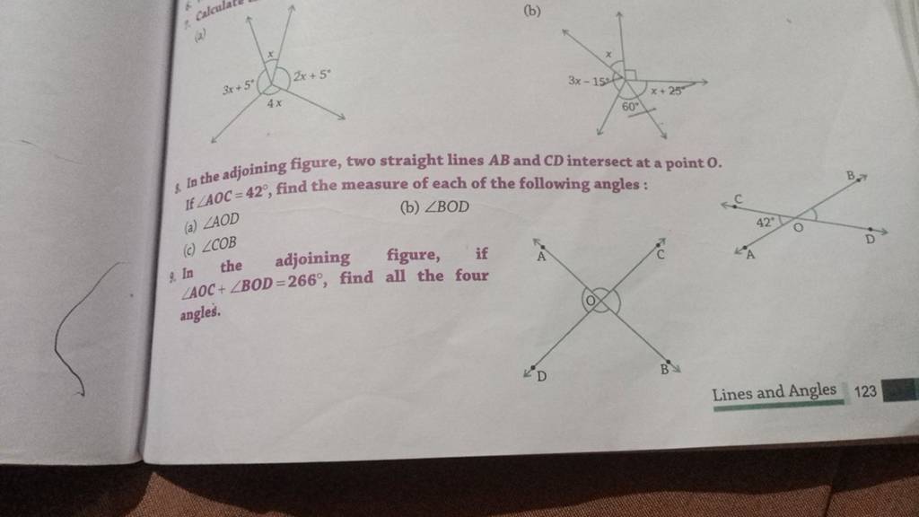 (b) 8. Is the adjoining figure, two straight lines AB and CD intersect at..