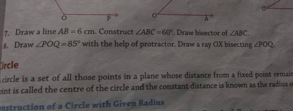7. Draw a line AB=6 cm. Construct ∠ABC=60∘. Draw bisector of ∠ABC. 8. Dra..