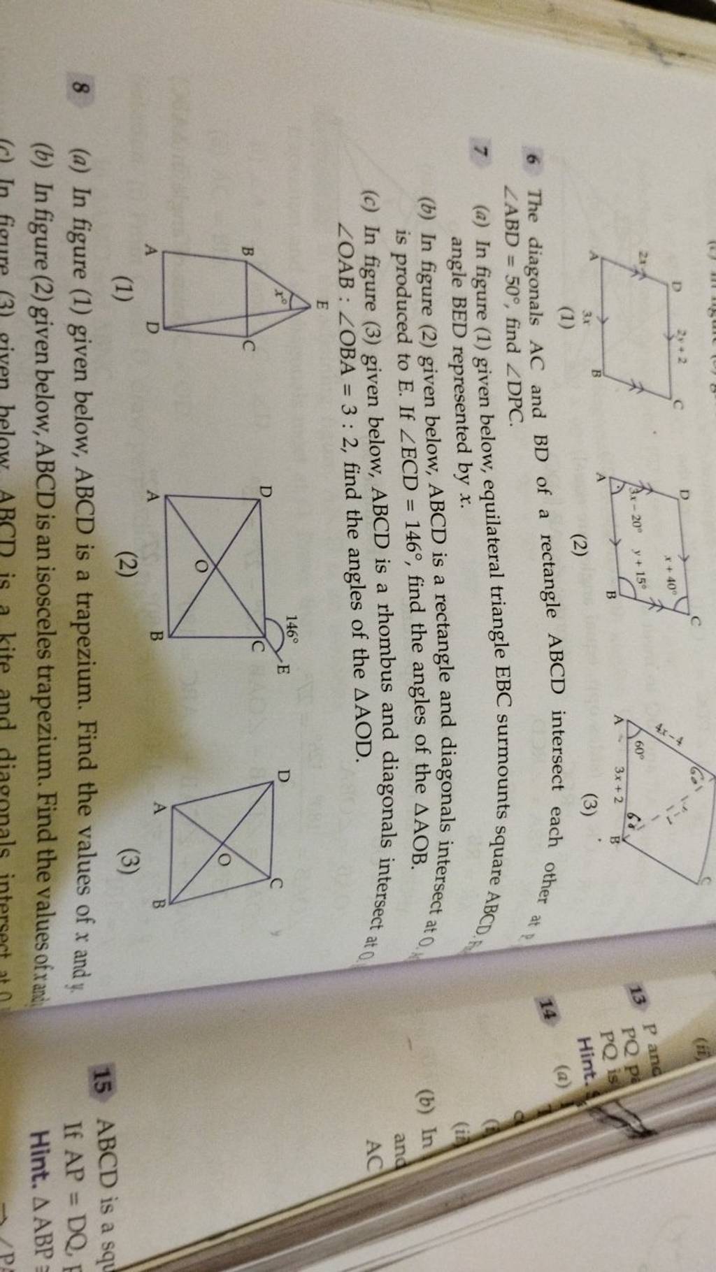 (ii) (1) ( (3) 13 PQPQ 6 The diagonals AC and ∠ABD=50∘, find ∠DPC. 7 (a)
