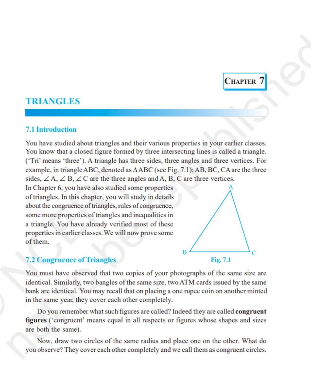 CHAPTER 7 TRIANGLES 7.1 Introduction You have studied about triangles and..