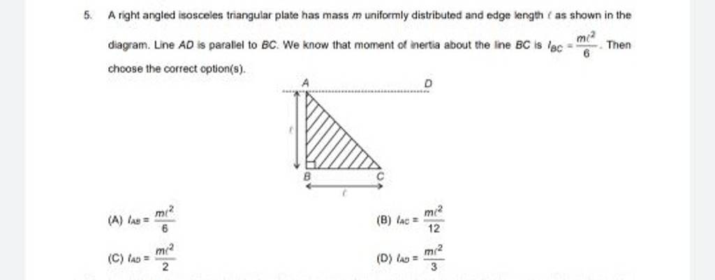 A right angled isosceles triangular plate has mass m uniformly distribute..