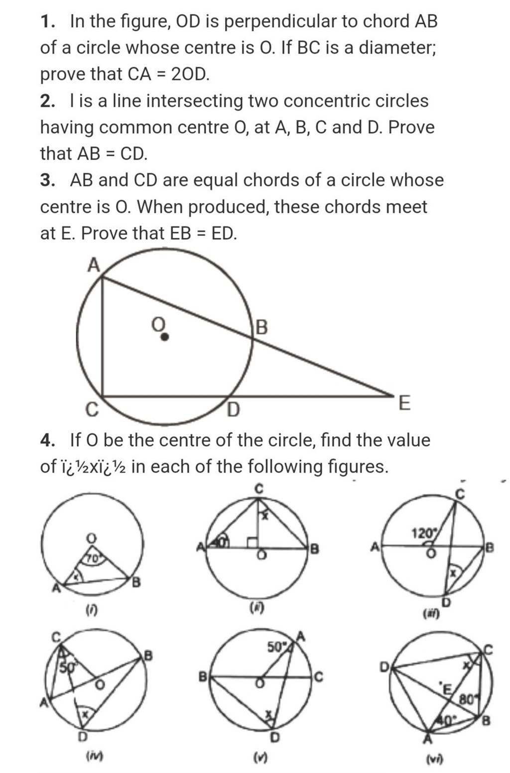 1. In the figure, OD is perpendicular to chord AB of a circle whose centr..