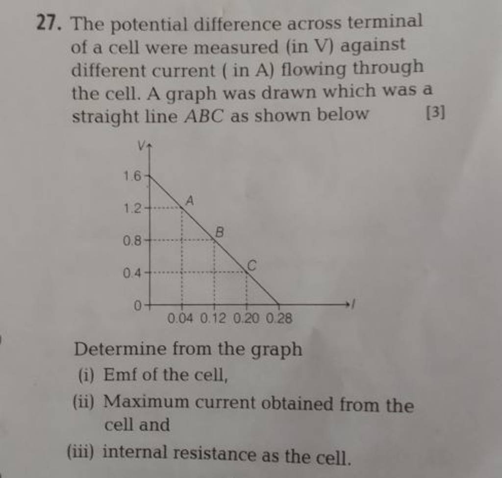 27. The potential difference across terminal of a cell were measured (in