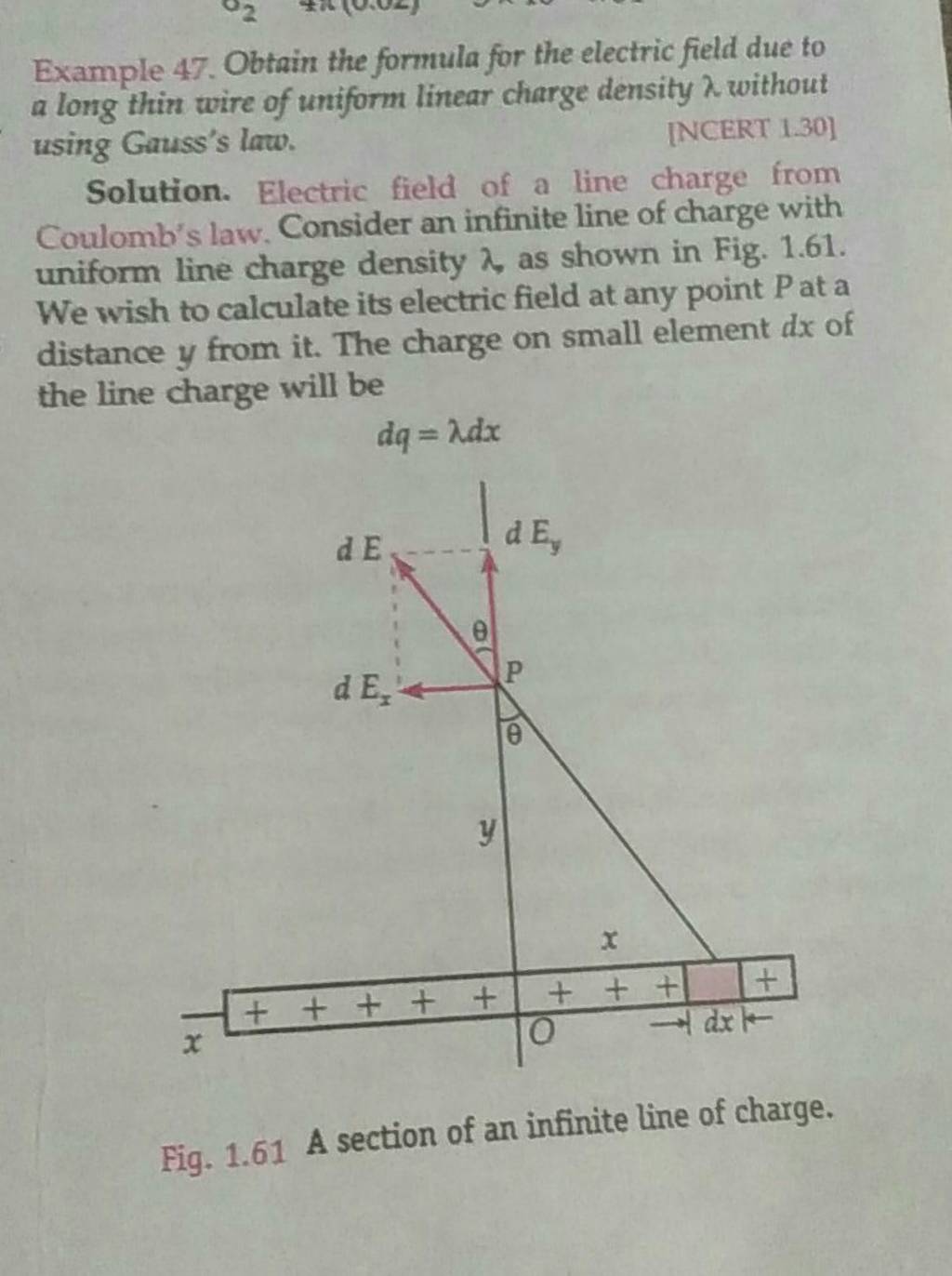 Example 47. Obtain the formula for the electric field due to a long thin