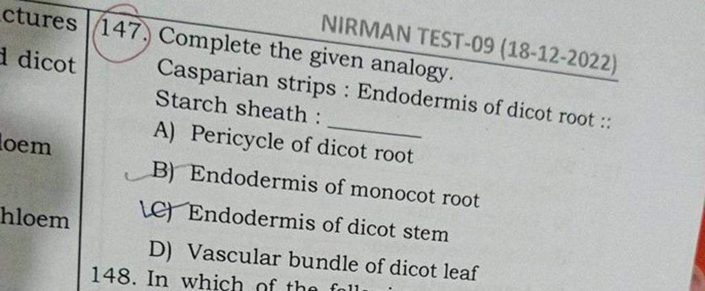 NIRMAN TES Casparian strips : Endodermis of dicot root :: Starch sheath