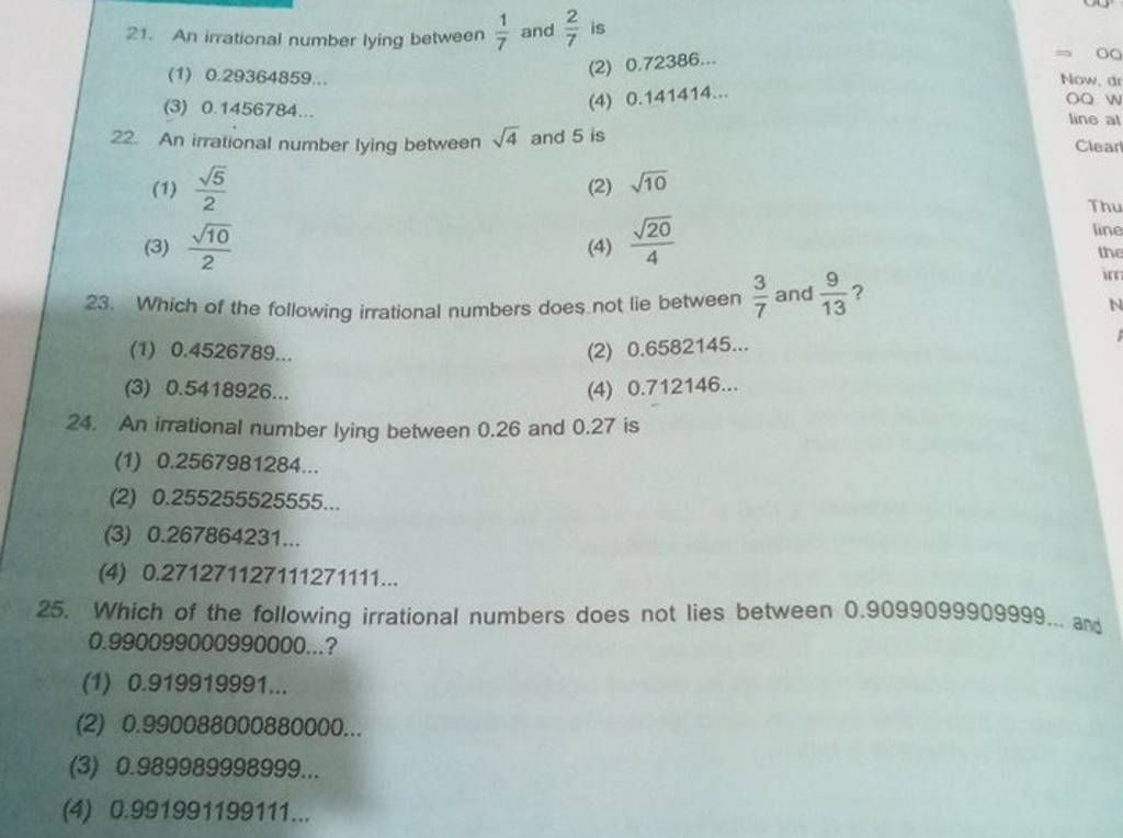 21. An irrational number lying between 71 and 72 is (1) 0.29364859… (2)..