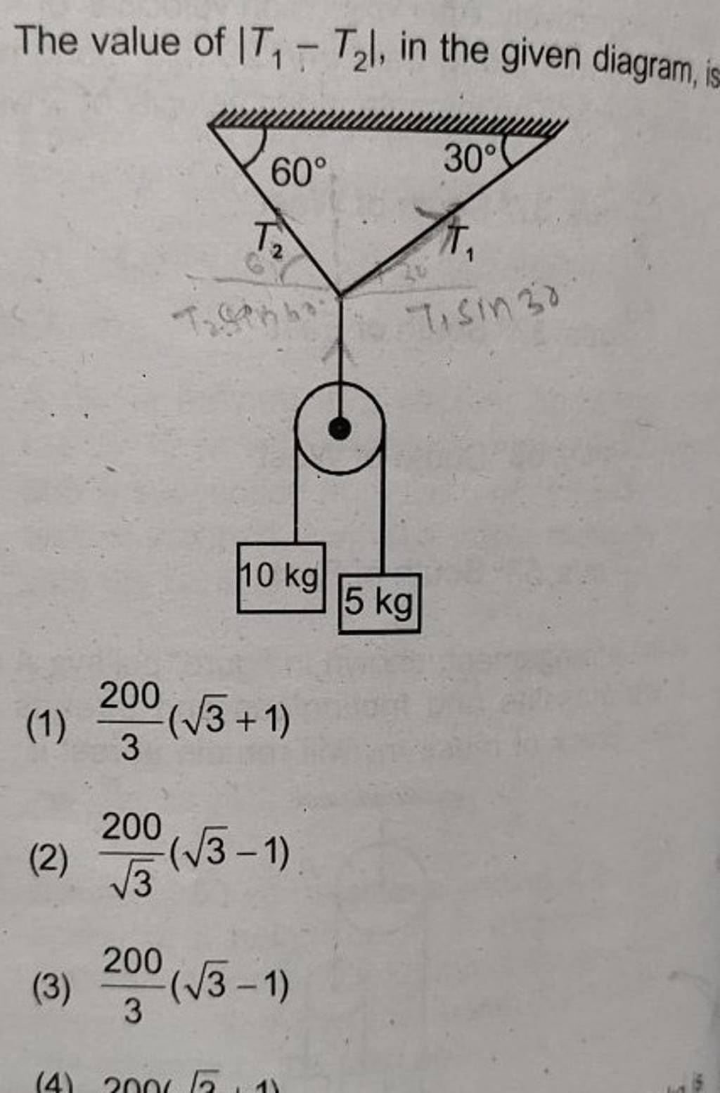 The value of ∣T1 −T2 ∣, in the given diagram, (1) 3200 (3 +1) (2) 3 200