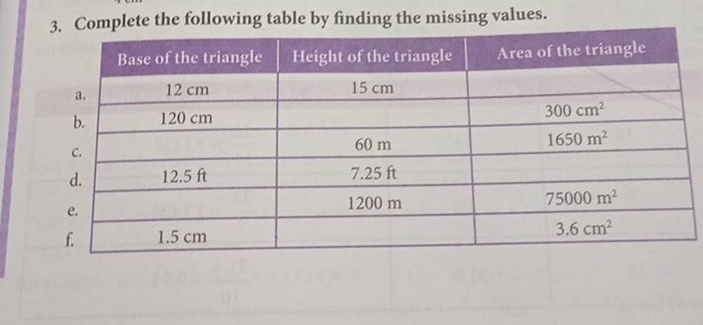 3. Complete the following table by finding the missing values. a. b. c. d..