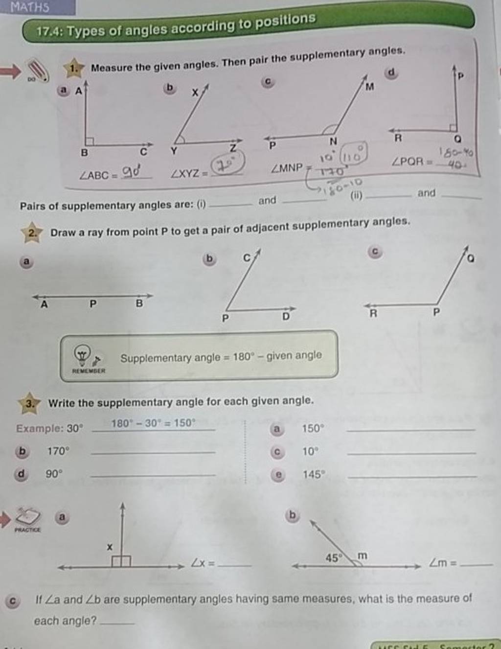 MATHS 17.4: Types of angles according to positions 1. Measure the given a..