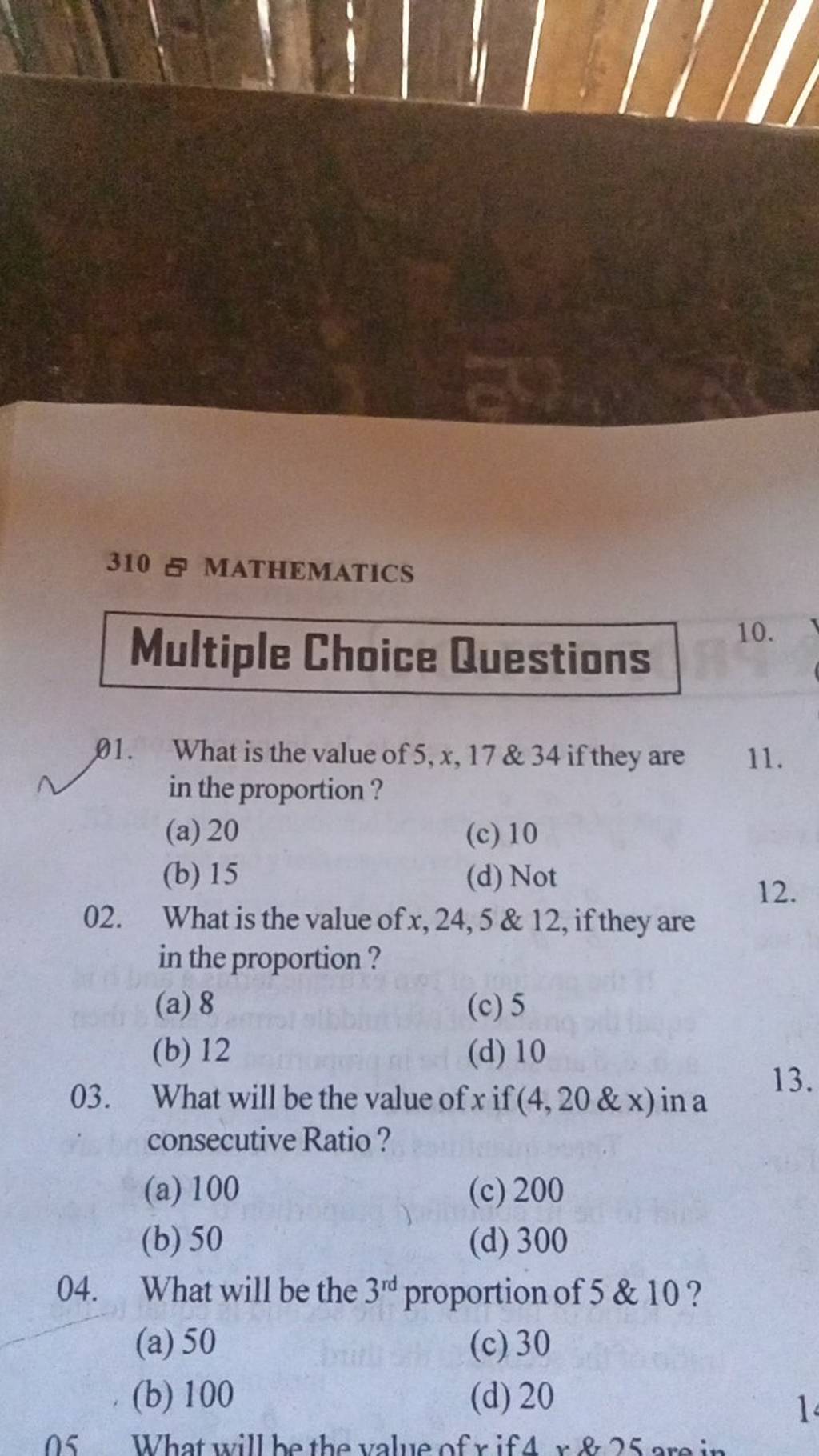 310 ㅁ MATHEMATICS Multiple Choice Questions 01. What is the value of 5,x,..