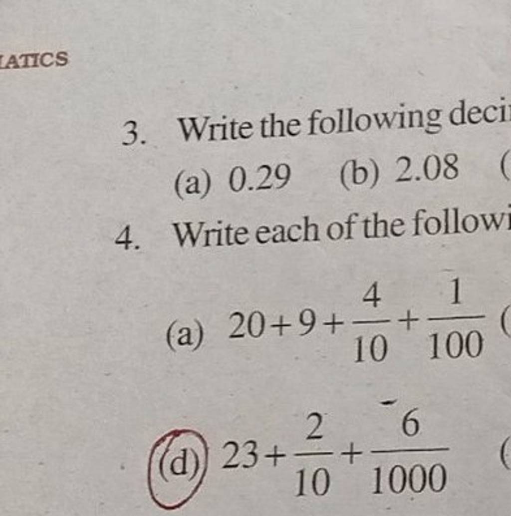 3 Write The Following Deci A 029 B 208 4 Write Each Of The Follow