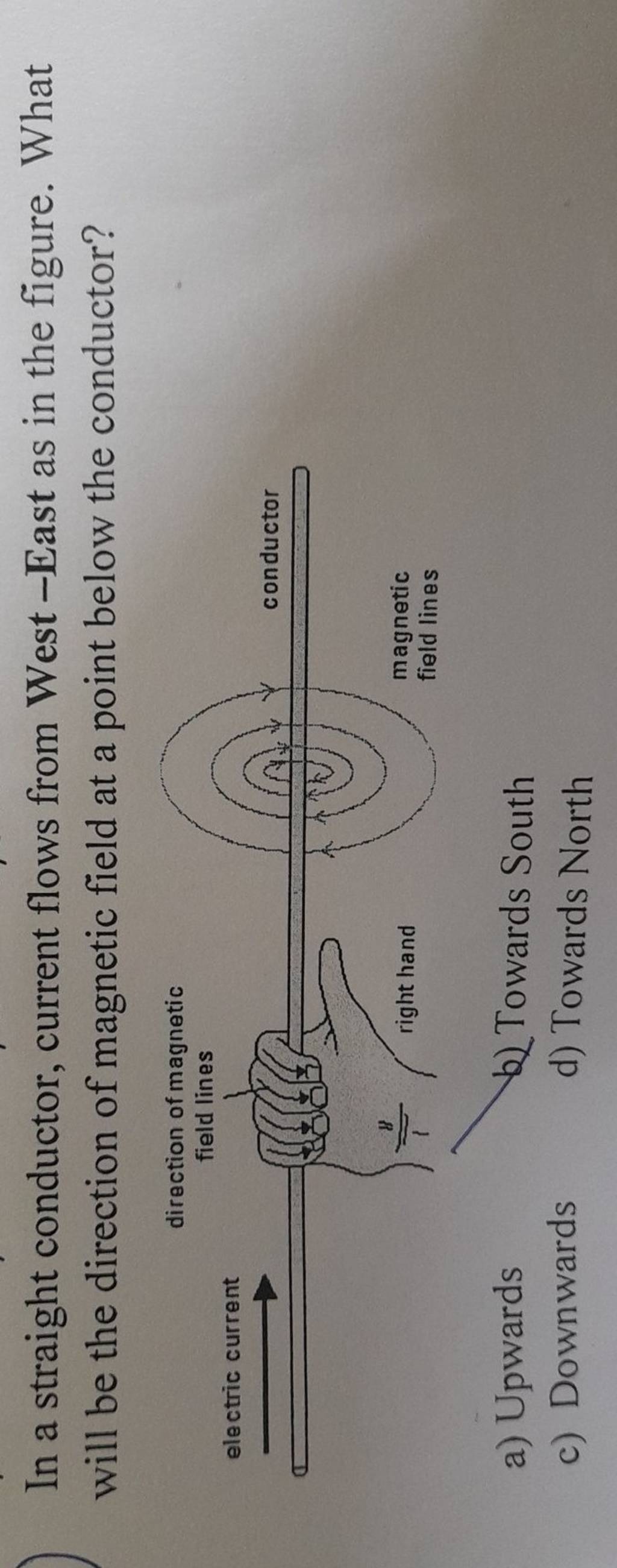 In a straight conductor, current flows from West-East as in the figure. W..