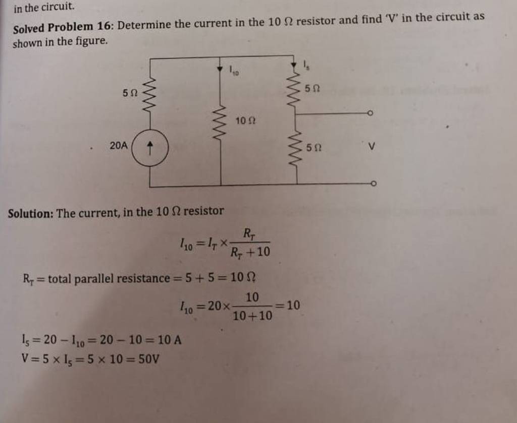 Solved Problem 16: Determine the current in the 10Ω resistor and find ' V.. Solved Problem 16: Determine the current in the 10Ω resistor and find ' V..