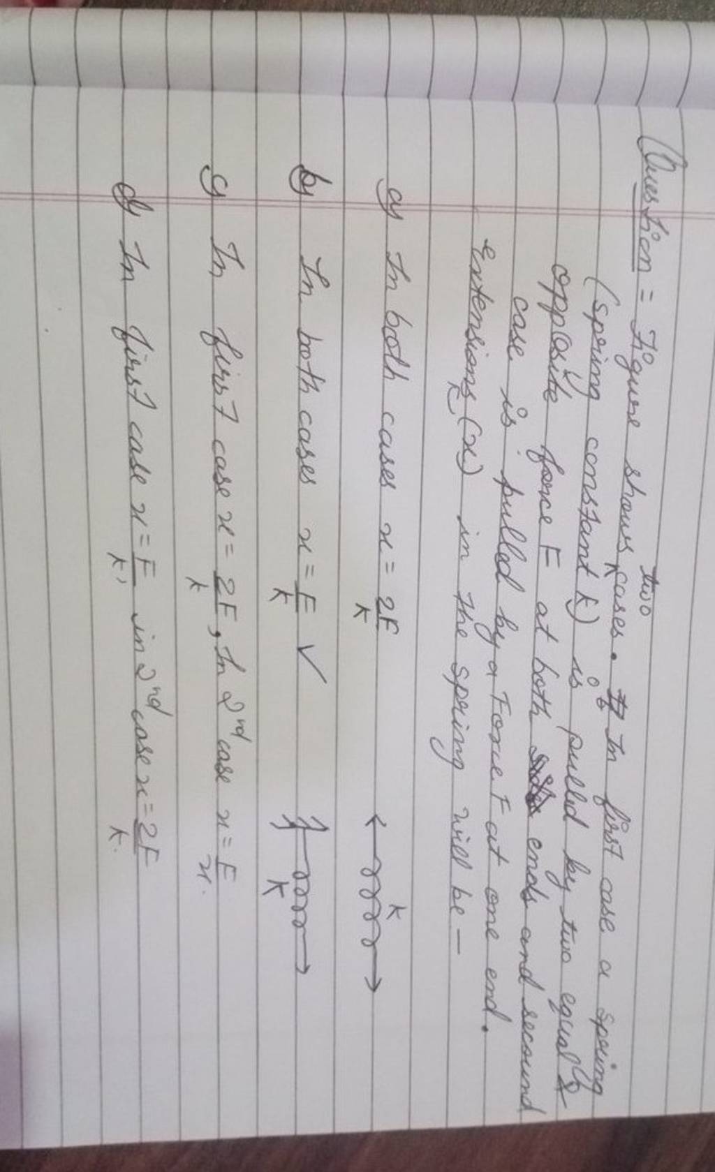 Question = Figure shows two (spring constant E ) is pulled by two equal
