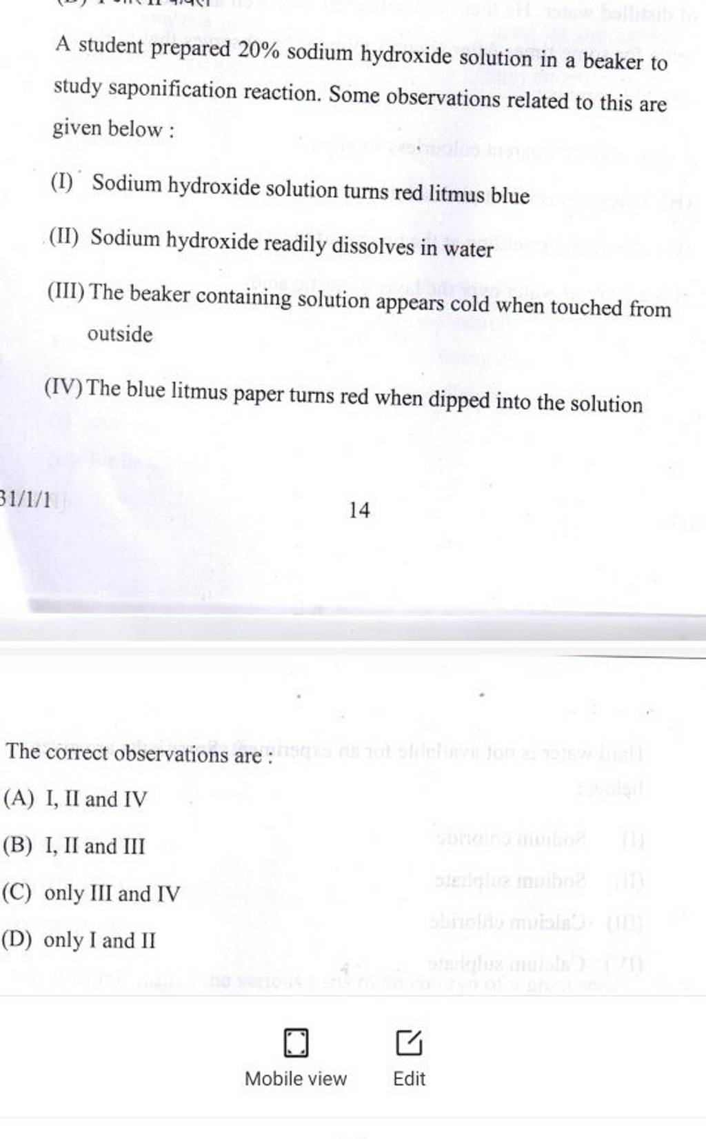 A student prepared 20% sodium hydroxide solution in a beaker to study sap..