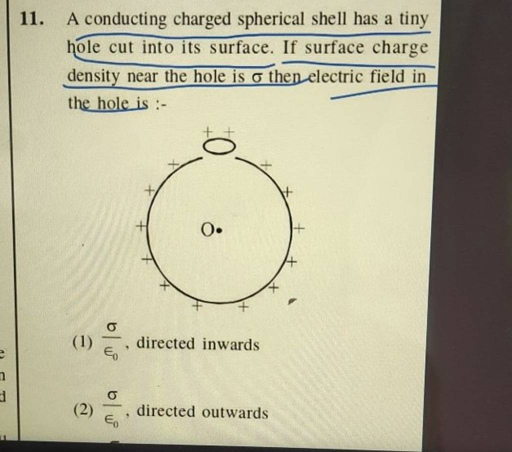 11. A conducting charged spherical shell has a tiny hole cut into its sur..