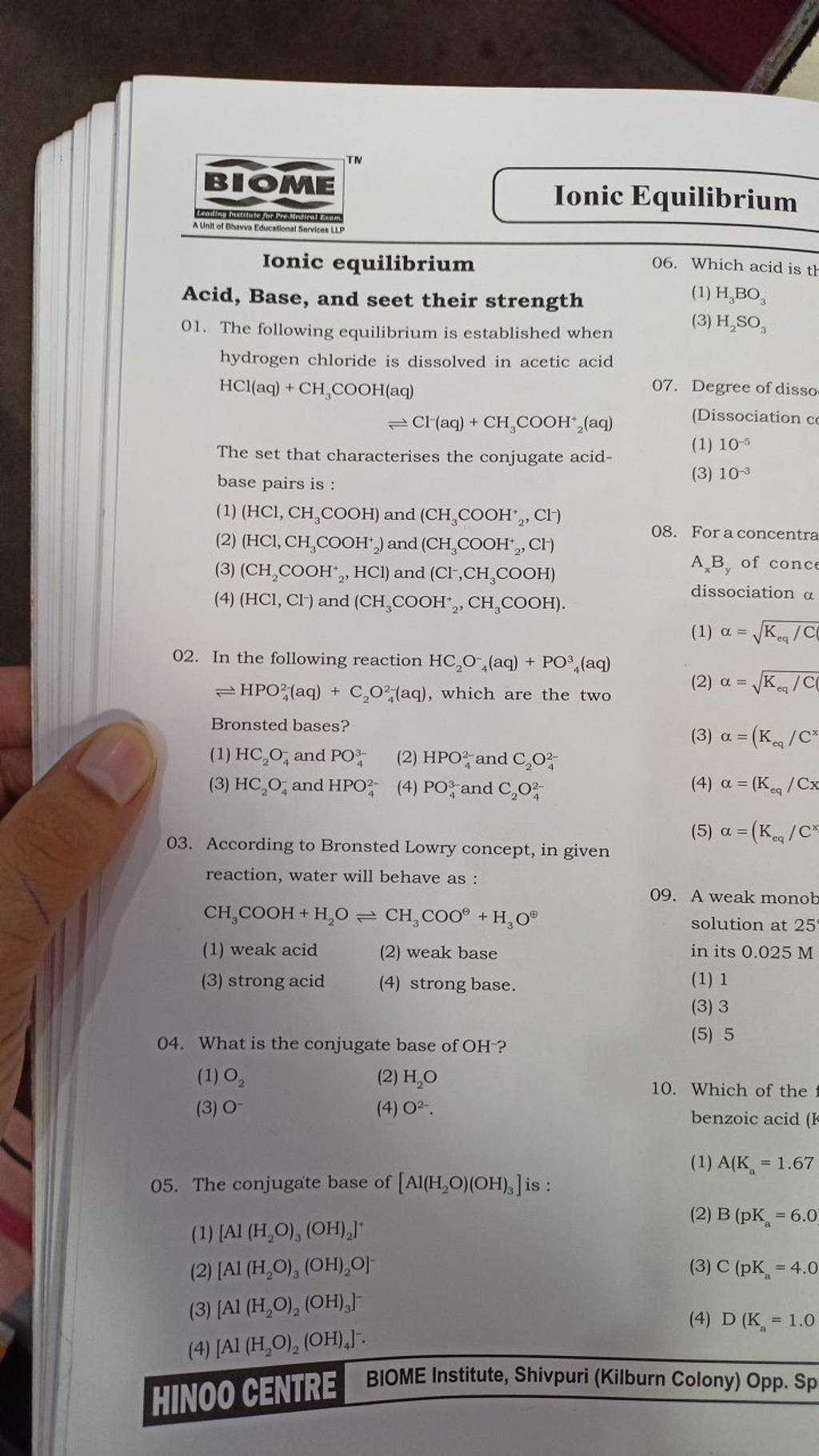 CH3 COOH+H2 O⇌CH3 COO⊖+H3 O⊕ 09. A weak monob | Filo