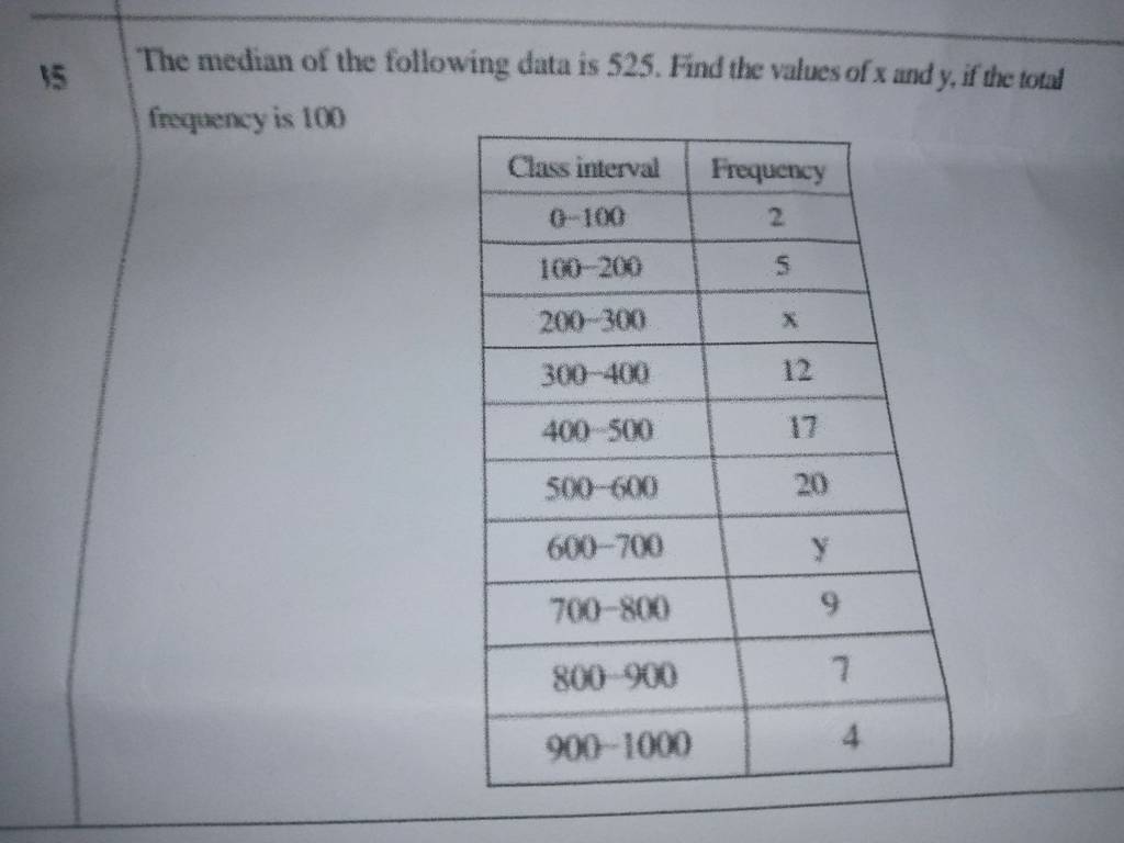 The median of the following data is 525 . Find the values of x and y, if
